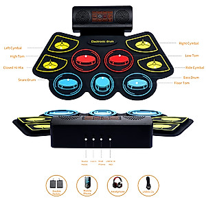 (9 Pads) Electronic Drum Set with Light Up Drumsticks and Stand, Electronic Drum Pad with 5 Different Drum Kit, 10 Unique Rhythms, Bulit-in Double Speakers, Roll Up Drum Kit, Kids Drum Set