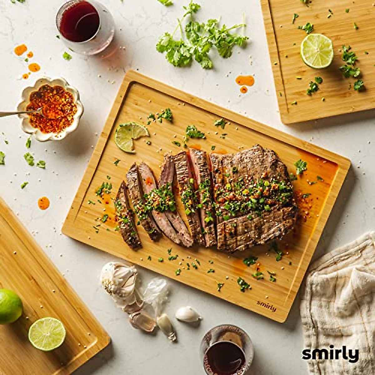 SMIRLY Wooden Cutting Boards for Kitchen - Bamboo Cutting Board Set, Chopping Board Set - Wood Cutting Board Set with Holder - First Apartment Kitchen Essentials, New Home Kitchen Accessories