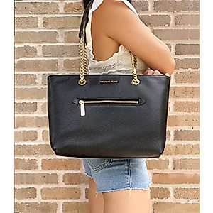 Michael Kors Jet Set Medium Front Pocket Chain Top Zip Tote Black Pebbled Leather