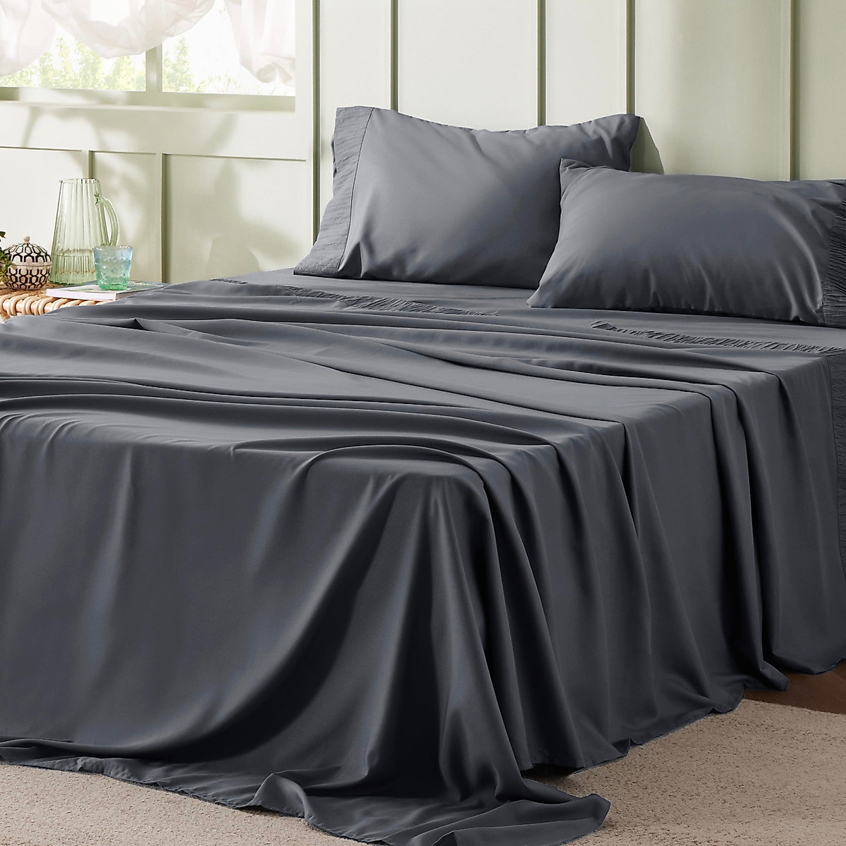 Bedsure Full Size Bed Sheets Grey - Soft Sheets for Full Size Bed, 4 Pieces Hotel Luxury Full Size Sheet Sets, Easy Care Polyester Microfiber Cooling Bed Sheet Set