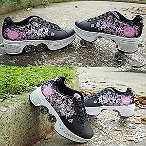Roller Skates for Women,Shoes with Wheels for Girls/Boys,Men Outdoor Skates,Quad Skates for Kids,2 in 1 Double Line Skates/Kick Rollers Shoes for Adults,Parkour Deformed Shoes Unisex,Black2-7US