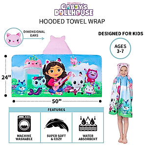 DreamWorks Gabby's Dollhouse Bath/Pool/Beach Soft Cotton Terry Hooded Towel Wrap, 24 in x 50 in, By Franco Kids