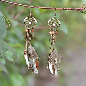 Punk Vintage Long Tassel Feather Beads Drop Wolf Tooth Pendant Earring Fish Hook Earrings (Brown A)