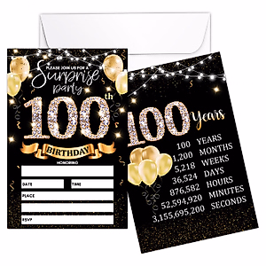 100th Birthday Party Invitation Card - Black Gold Invites with Birthday Sign Printing On The Back Double-Sided Fill-in Invites - 20 Cards with Envelopes for Party Favors - srgold-A10