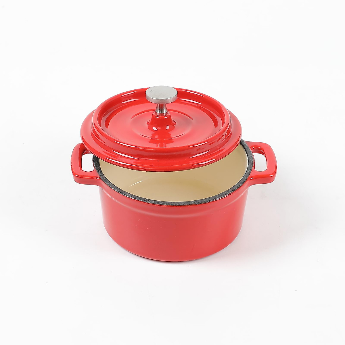 HAWOK Enameled Cast Iron Mini Round Cocotte Set, 0.3QT Mini Dutch Ovens with Lids and Bamboo Trays, 270ml/9.13oz/1.08cups, Set of 2, Red