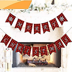 Jolik Merry Christmas Banner with Two Snowflake Flags - Buffalo Plaid Banner Decoration for Fireplace Wall Tree Christmas Decoration