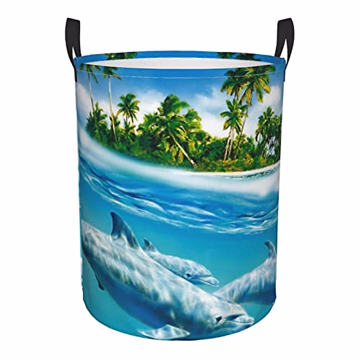 Underwater Sea Dolphin Large Laundry Basket, Laundry Hamper with Handle Collapsible Dirty Clothes Hamper Round Storage Basket for Bedroom Clothes Storage
