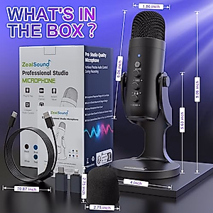 ZealSound USB Microphone,Condenser Computer PC Mic,Plug&Play Gaming Microphones for PS 4&5.Headphone Output&Volume Control,Mic Gain Control,Mute Button Vocal,YouTube Podcast on Mac&Windows(Black)