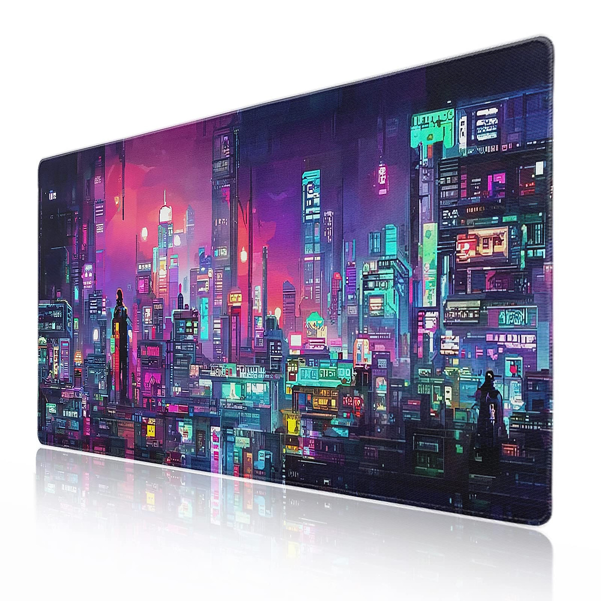 Retro Japanese Anime Gaming Mouse Pad XXL Cool Dark Purple Red Vaporwave City Extended Large Desk Mat Big Mousepad Non-Slip Rubber Base Stitched Edge Long Mousepad for Desk Computer, 35.4 x 15.7 in