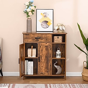 WEENFON Storage Cabinet, Floor Cabinet with Doors and Shelves, Coffee Bar Cabinet with Drawer, Organizer Cabinet for Living Room, Dining Room, Rustic Brown