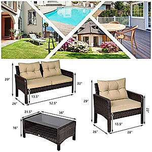 HAPPYGRILL 4-Piece Patio Furniture Set Outdoor Rattan Wicker Sofa Set with Cushions & Coffee Table, Conversation Sofa Set with Tempered Glass Table Top and Storage Shelf