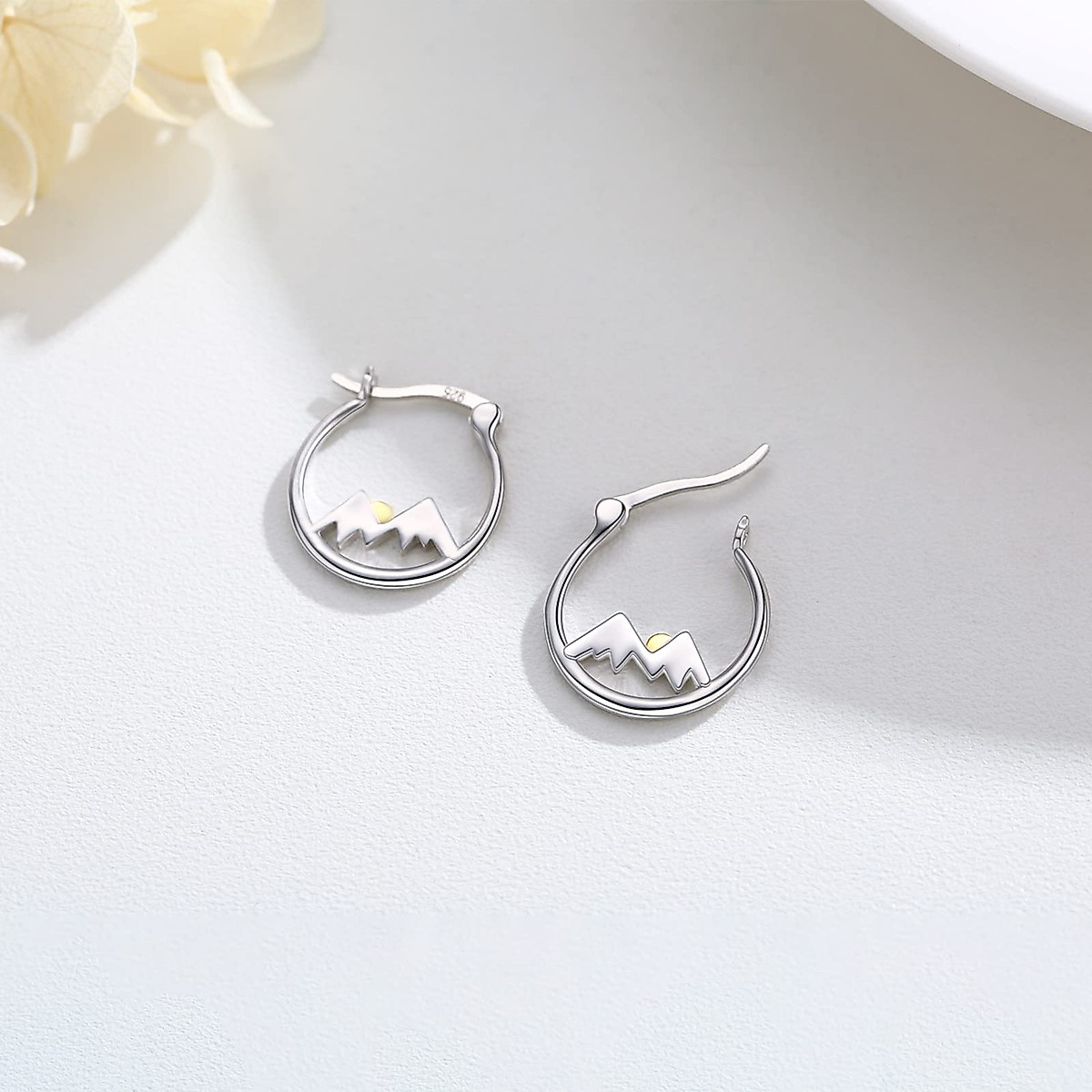 Mountain Earrings 925 Sterling Silver Women's Sun Mountain Hoop Earrings Hypoallergenic Mountain Jewelry Gift for Skiers Hiking Mountain Nature Lovers