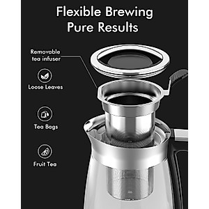 Electric Glass Tea Kettle with Infuser, 1.7L/1500W Fast Boiling, Stainless Steel, Temperature Control Tea Maker, BPA Free - Easy Lid Removal & Keep Warm Feature, Silver
