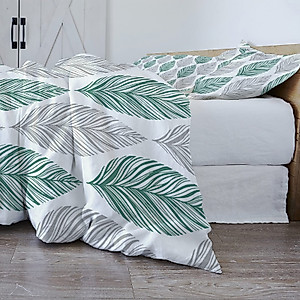 Green and Grey Leaf Texture Duvet Cover Cal. King Size, Gray Abstract Art Leaves Comforter Cover with Zipper Closure, 3 Piece Bedding Sets 1 Duvet Cover 90x106 Inches and 2 Pillow Shams