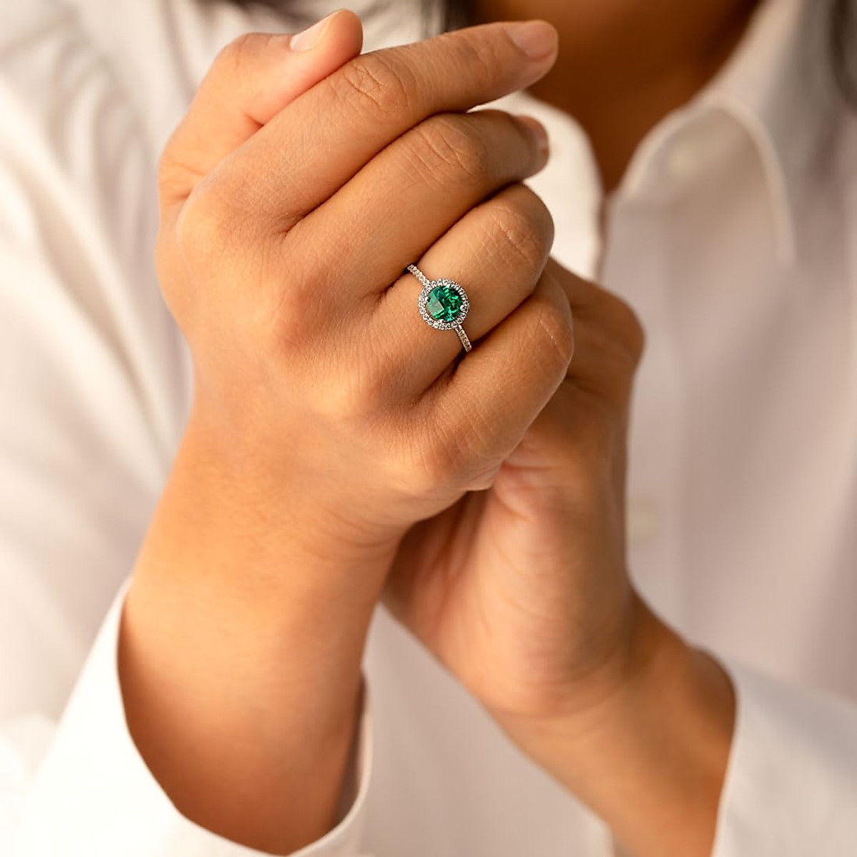 PEORA Created Emerald Ring for Women 14K White Gold with Genuine White Topaz, 1 Carat Round Shape 6.5mm, Halo Design, Size 9