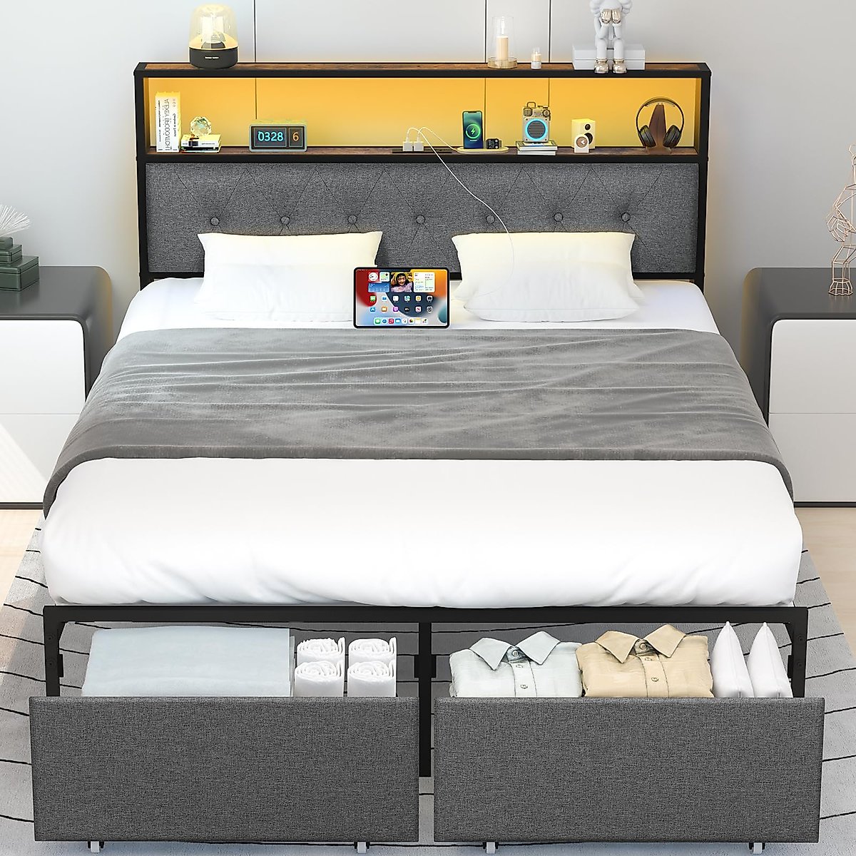 Yoobure Queen Size Bed Frame, Metal Platform Bed Frame Queen Size with Headboard, Noise Free Bed Frames with Storage Drawers, Bedframe with Charging Station LED Light, Heavy Duty, No Box Spring Needed