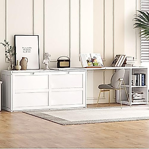 Queen Size Murphy Bed with Rotatable Desk, 3 in 1 Floor Bed Frame with Cabinet & Workstation Murphy Bed Cabinet Bed Murphy Bed Queen Hidden Murphy beds Murphy Cube Cabinet Bed（White）
