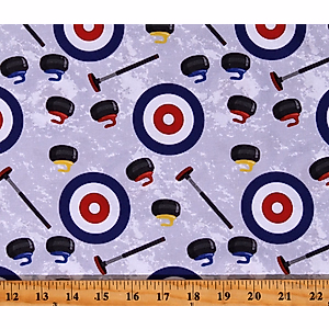 Cotton Curling Stones Brooms House Targets Winter Olympics Ice Sports on Gray Cotton Fabric Print by The Yard (D667.78)
