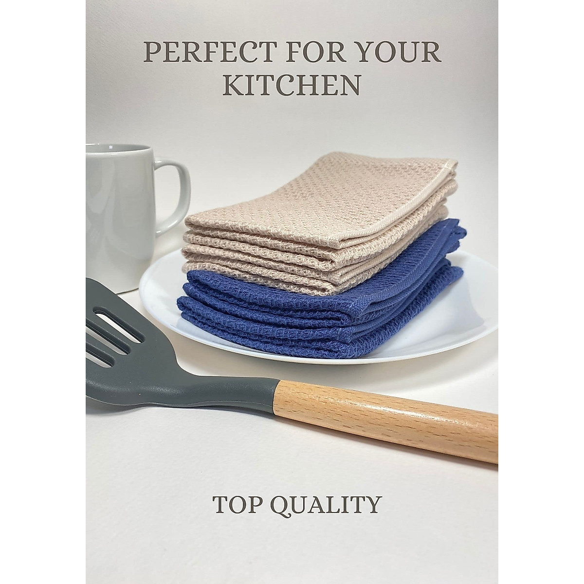 JuliaNa Home and Decor Waffle Weave Kitchen Towels, 100% Cotton, Set of 4 Cloths for Washing Dishes, Kitchen Dish Towels 12x12 Inches, Cream White and Blue