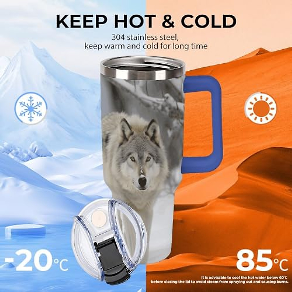 40 Oz Vacuum Tumbler with Deep Blue Handle Leakproof Insulated Tumbler Two Wolves Walking in The Snow Stainless Steel Travel Mug with Lid And Straw Coffee Cup Cute Water Bottles Cup Holder Friendly