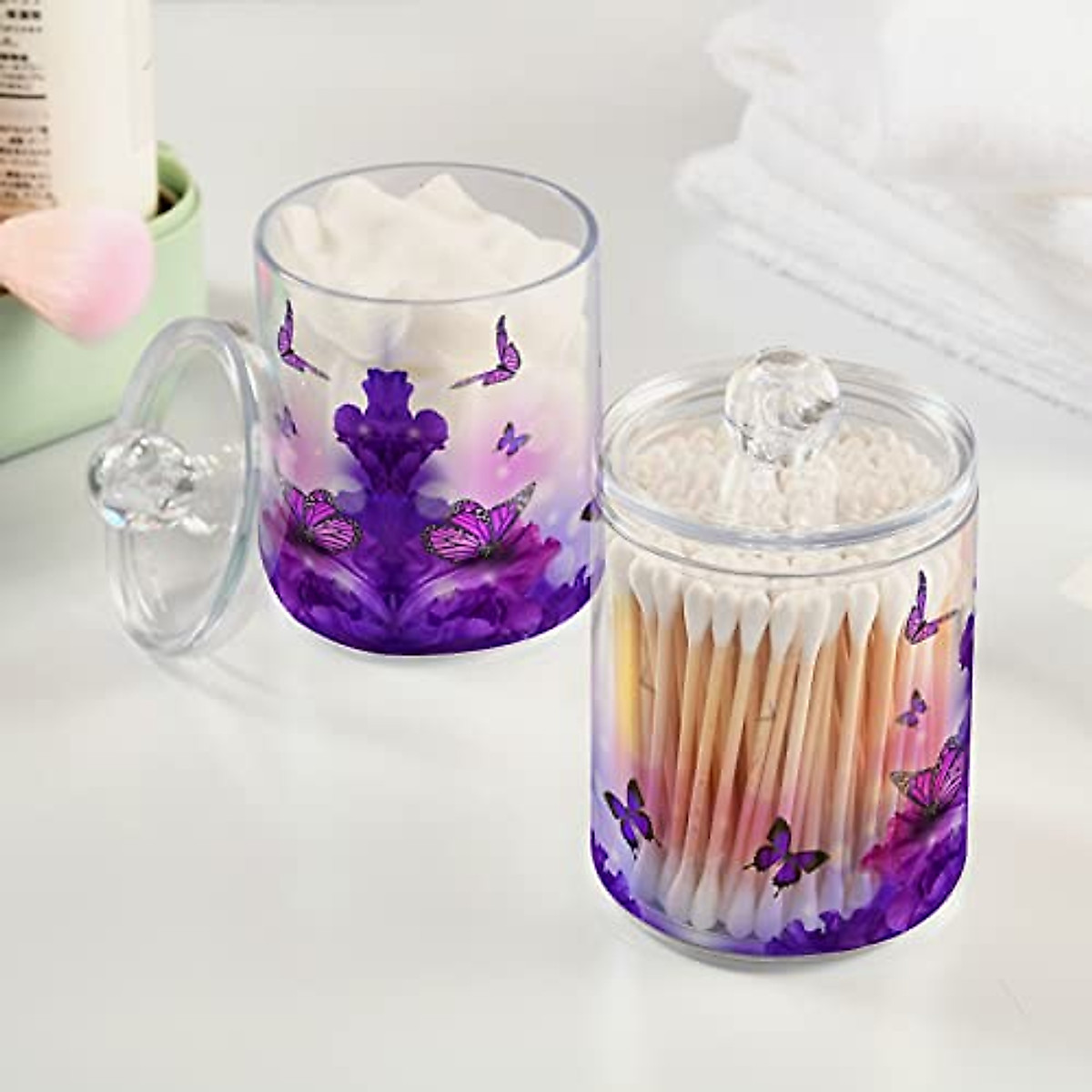 ALAZA 2 Pack Qtip Holder Dispenser Purple Butterflies Flowers Hydrangeas Iris Bathroom Organizer Canisters for Cotton Balls/Swabs/Pads/Floss,Plastic Apothecary Jars for Vanity