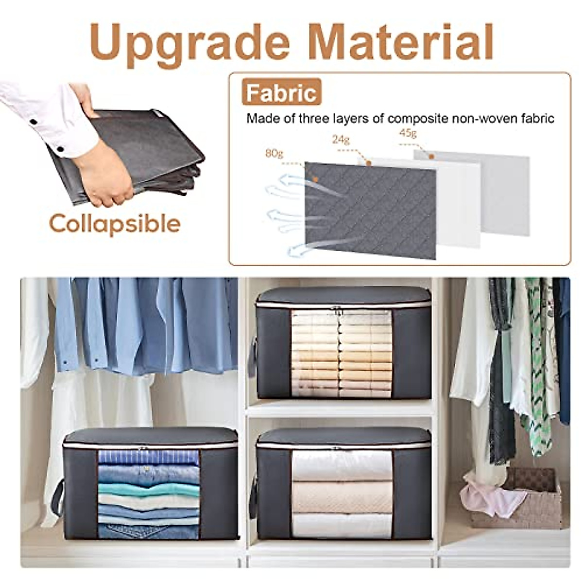 6-Pack Clothes Organizer Storage Bag, 49L Foldable Storage Bins Closet Storage Containers with Clear Window and Reinforced Handles for Dorm, Blanket, Pillows, Bedding, Sweaters, Coats, Stuffed Toys