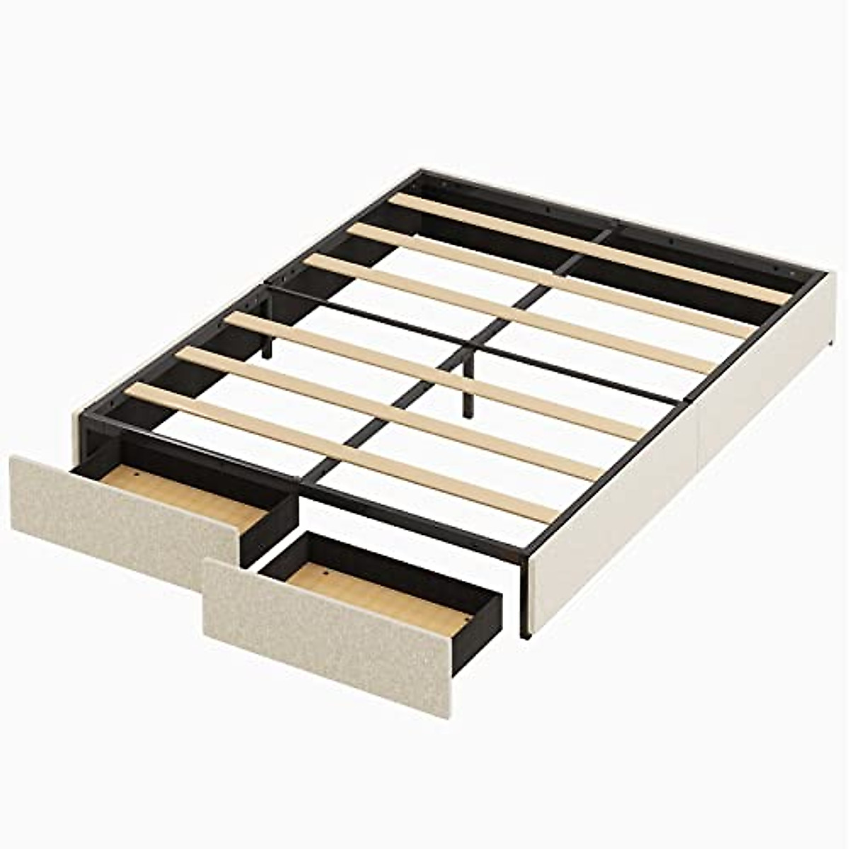 ijuicy Cal King Bed Frame with Storage Drawers.Upholstered Platform Bed Without Headboard,Wood Slat Support,Footboard with Drawer.No Box Spring Needed/Easy Assembly(Cal King,Beige)