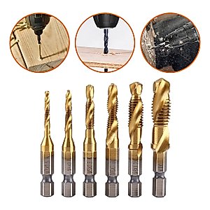 6 Pack Titanium Combination Drill Tap Bit Set, 1/4" HSS Hex Shank Screw Tapping Bit for Drilling, Tapping and Countersinking, M3-M10