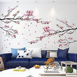 RW-KSR16 Pink Peach Flower Wall Decals Cherry Blossom Tree Branch Wall Stickers DIY Removable Florals Plants Wall Art Decor for Kids Girls Bedroom Livig Room Nursery Office Wall Decoration