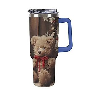 40 Oz Vacuum Tumbler with Deep Blue Handle Leakproof Insulated Tumbler Xmas Tree Branch Bear Doll Stainless Steel Travel Mug with Lid And Straw Coffee Cup Cute Water Bottles Cup Holder Friendly