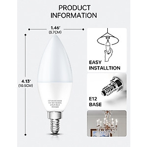 KINDEEP LED Candelabra Light Bulbs Dimmable 60 Watt Equivalent, Daylight 5000K, 600LM, E12 Candle Bulb Base 6W Ceiling Fan Lightbulbs Type B Bulb for Chandelier, Wall Sconces, 6 Pack