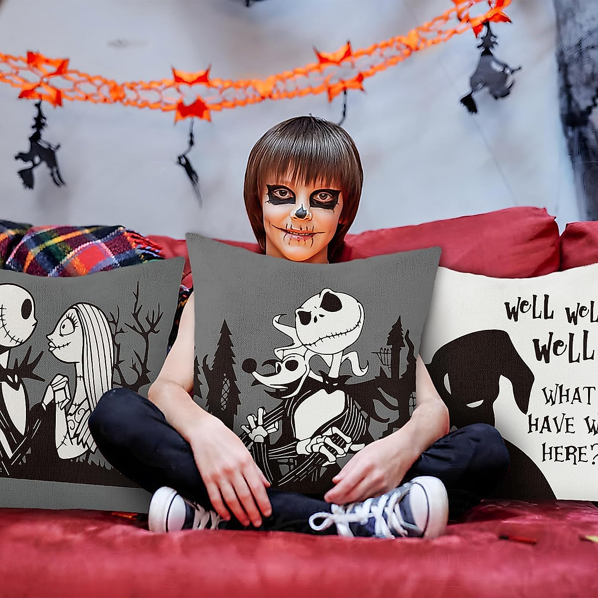 4Pcs Halloween Jack and Sally Christmas Pillow Covers 18x18 Inch Horror Cartoon Skull Throw Pillow Case Decorations Linen Decorative Square Cushion Covers for Home Sofa Couch Bed