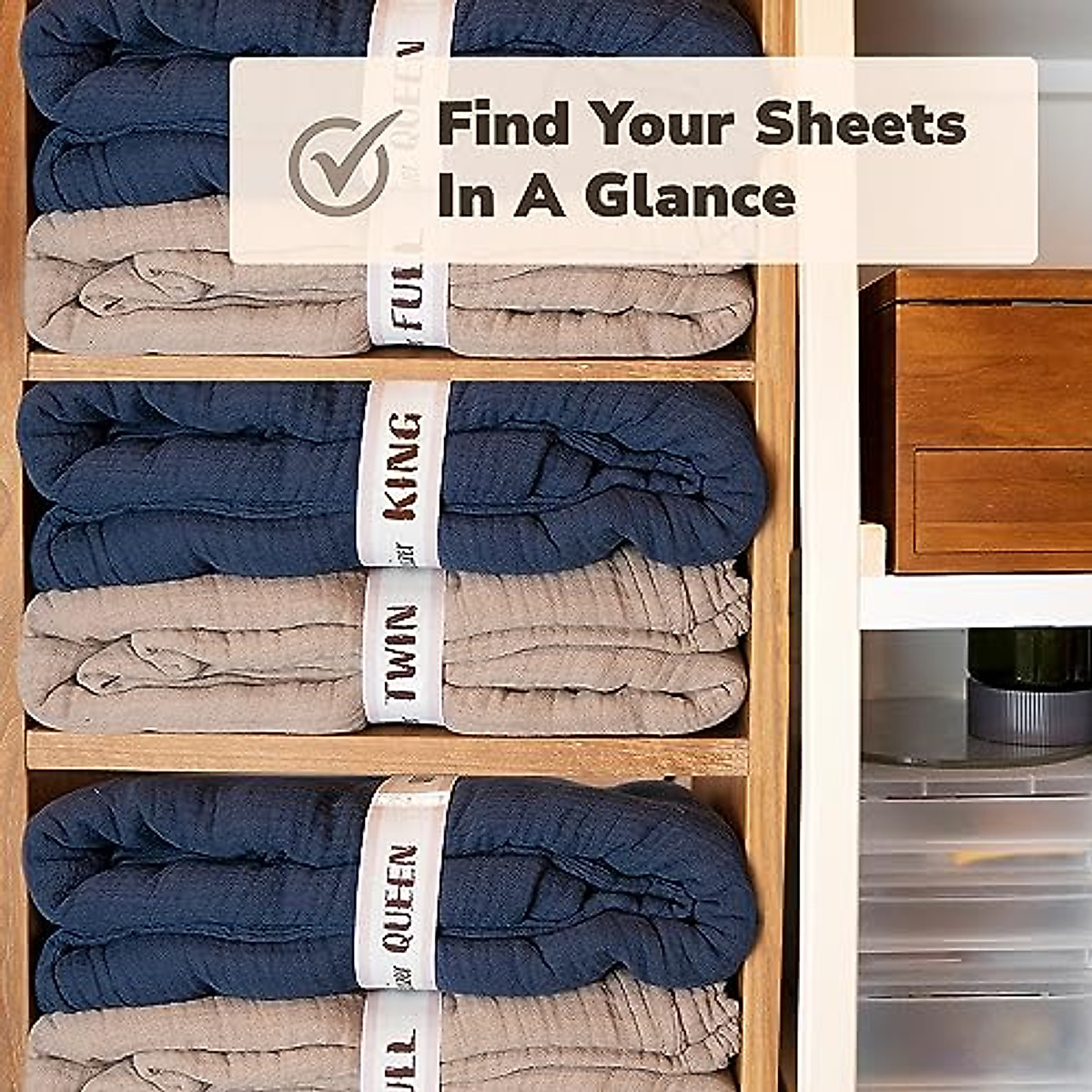 ECOHomes Bed Sheet Organizer and Storage Label Bands | Sheets Set Organizers for Linen Closet - Elastic Bedding Sheet Keepers Straps for Foldable Bedsheet, Pillow Case, Duvet (King 4PCs Pack | Cream)