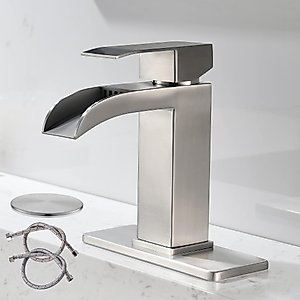 BRAVEBAR Brushed Nickel Waterfall Bathroom Faucet - Single Handle Sink Faucets Bathroom 1 Hole or 3 Hole for 4In | Modern Solid Brass Vanity Faucet with Deck Plate & Overflow Pop Up Drain