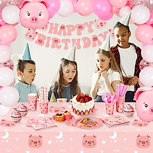 Lenwen Pig Birthday Decorations Pig Party Favors Include Pig Tableware Set Pig Farm Animal Birthday Banner Piggy Latex Balloons Pigs Themed Dinnerware Pink Pig Table Cloths for Kitchen Home Kids