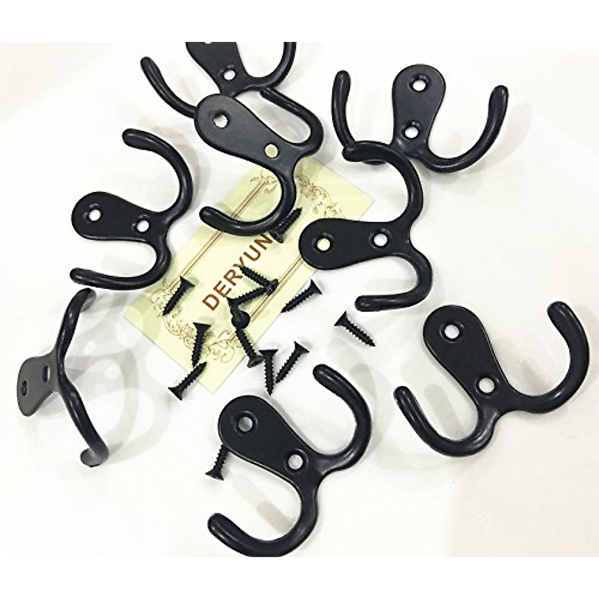 20 Pieces Double Prong Robe Hook Rustic Hooks Retro Cloth Hanger Coat Hanger Heavy Duty Double Prong Coat Hooks Wall Mounted Utility Hook with 44 Pieces Screws (Black Color)