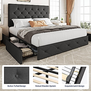Allewie Upholstered Queen Size Platform Bed Frame with 4 Storage Drawers and Headboard, Diamond Stitched Button Tufted Mattress Foundation with Wooden Slats Support, No Box Spring Needed, Dark Grey