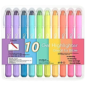 Tebik Gel Highlighter, 10 Colors Bible Safe Highlighter Study Kit, Highlighters Assorted Colors, Twistable Design, No Bleeding Great for Journaling, Highlighting and Study