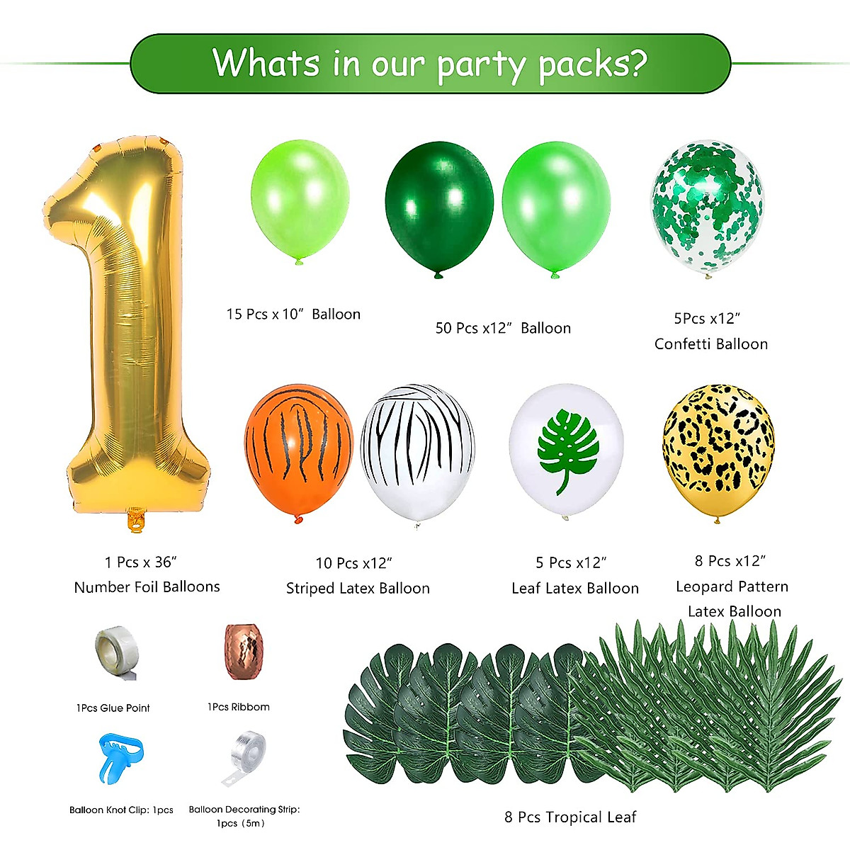 FVABO Wild One Birthday Decorations - Jungle Theme Party Supplies Include Leaf, Baby Photo Banner, Highchair Banner, Topper, Balloons Garland Arch, Crown, for 1st Animal Safari Birthday Party Decor