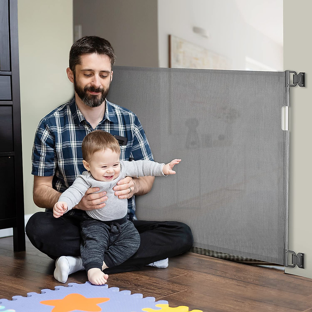 Retractable Baby Gate, Momcozy Mesh Safety Gate for Babies and Pets, Extra Wide Safety Baby Gate 33.7" Tall, Extends to 55" Wide, Pet Dog Gate for doorways, Stairs, Hallways, Indoor/Outdoor (Grey)