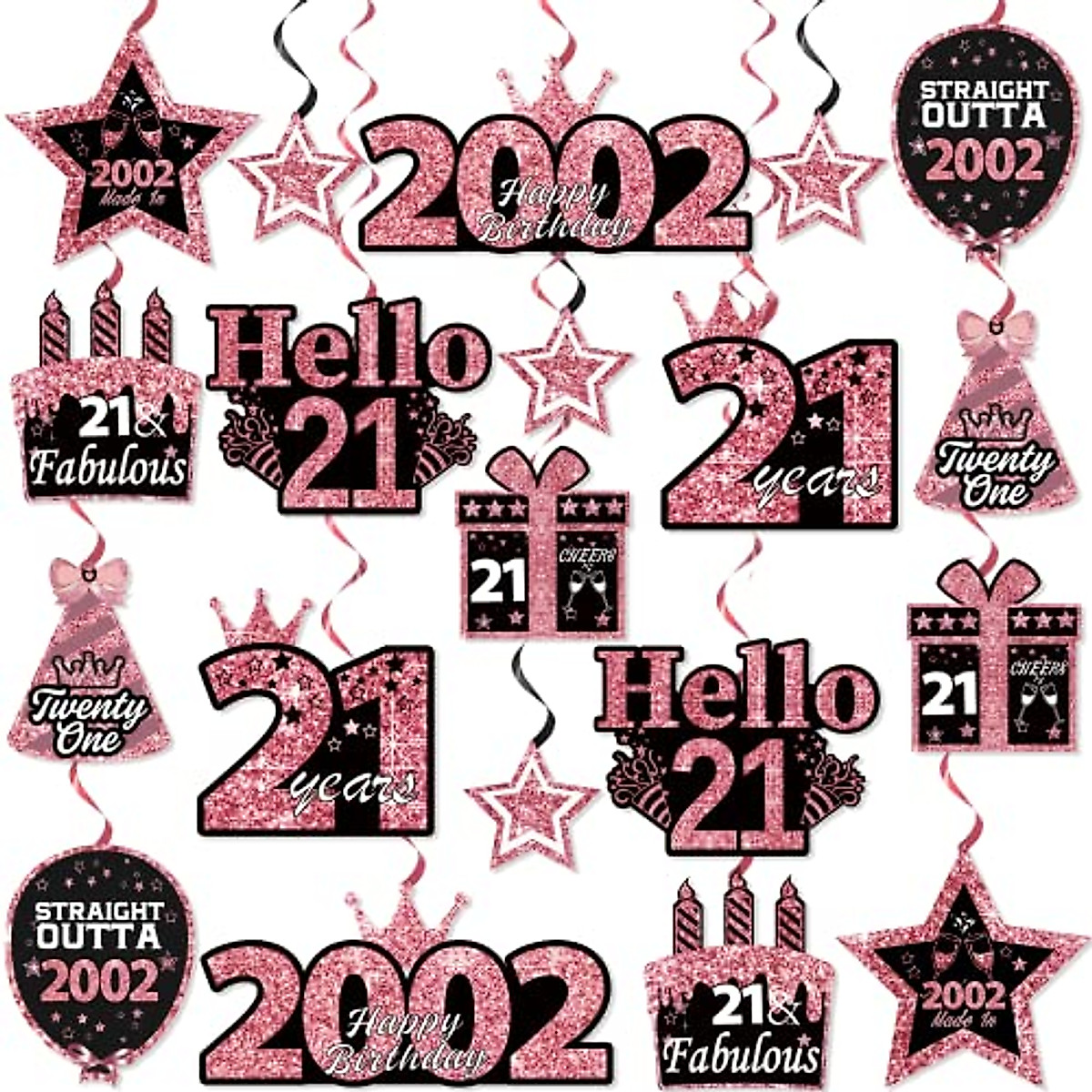 40Pcs Rose Gold 21st Birthday Decorations for Her Hanging Swirls, No-DIY 21st Birthday Decorations Ceiling Streams, Hello 21 Hanging Swirls 21st Birthday Decorations for Her cocomigo