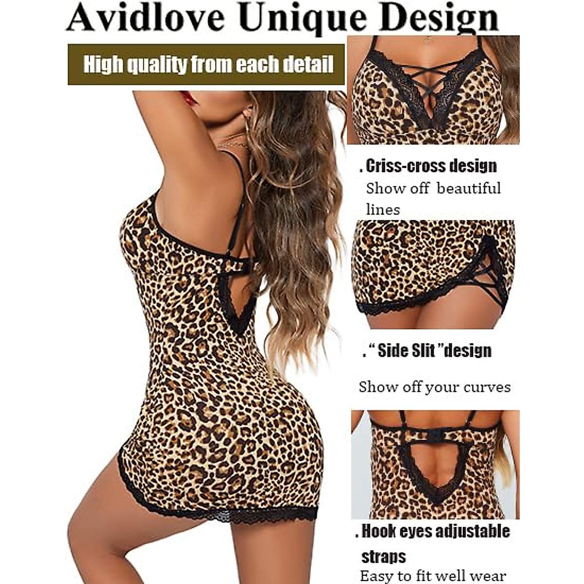 Avidlove Womens Lingeries Sexy Nightgowns Lace Nighty for Women V Neck Babydoll Chemise Sleep Lingerie (Leopard M)