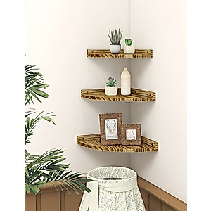 Godimerhea Floating Corner Shelves for Wall, Rustic Solid Wood Wall Mounted Set of 3, Display Hanging Decor Kitchen Storage Heavy Duty Corner Shelf for Living Room Bedroom Bathroom, Brown