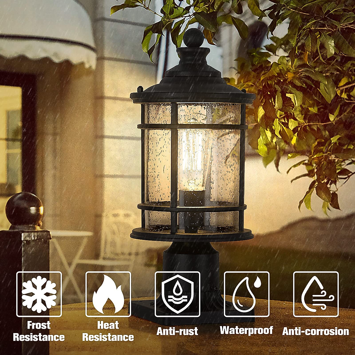 Emliviar Outdoor Post Light Fixtures, 15 Inch Farmhouse Modern Lamp Post Lighting for Outside, Black Finish with Seeded Glass, XE229P BK