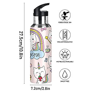Cute Rainbow Kitty Cat Unicorn Sports Water Bottles with Straw Insulated Stainless Steel Vacuum Flask Keeps Hot and Cold for Kids Adult Travel