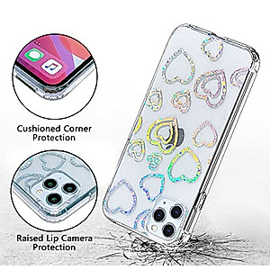 CEOKOK Compatible with iPhone 11 Pro Max Case Glitter Clear with Design Laser Holographic Heart Love Sparkly Cute Bling Hard PC & Soft TPU Shockproof Protective Phone Cover for Women Girls
