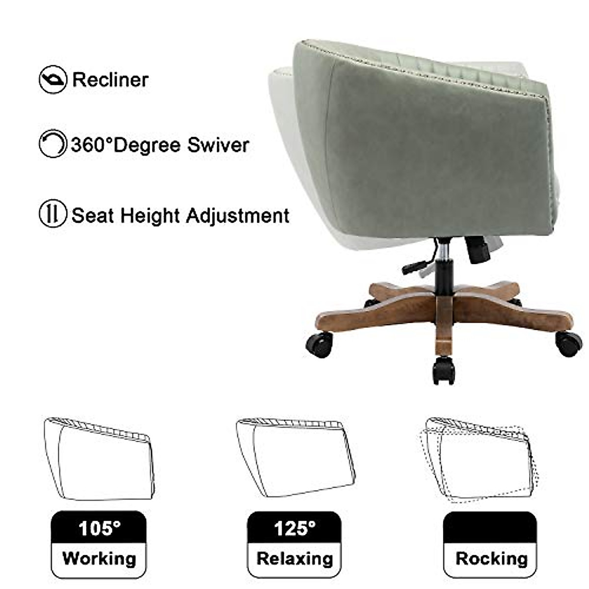 Guyou Barrel Home Office Desk Chair with Wood Base, Upholstered Ergonomic Accent Arm Chair with Luxurious Nailheads and Pleated Mid-Back for Home Studio Bedroom Vanity, Green in Faux Leather