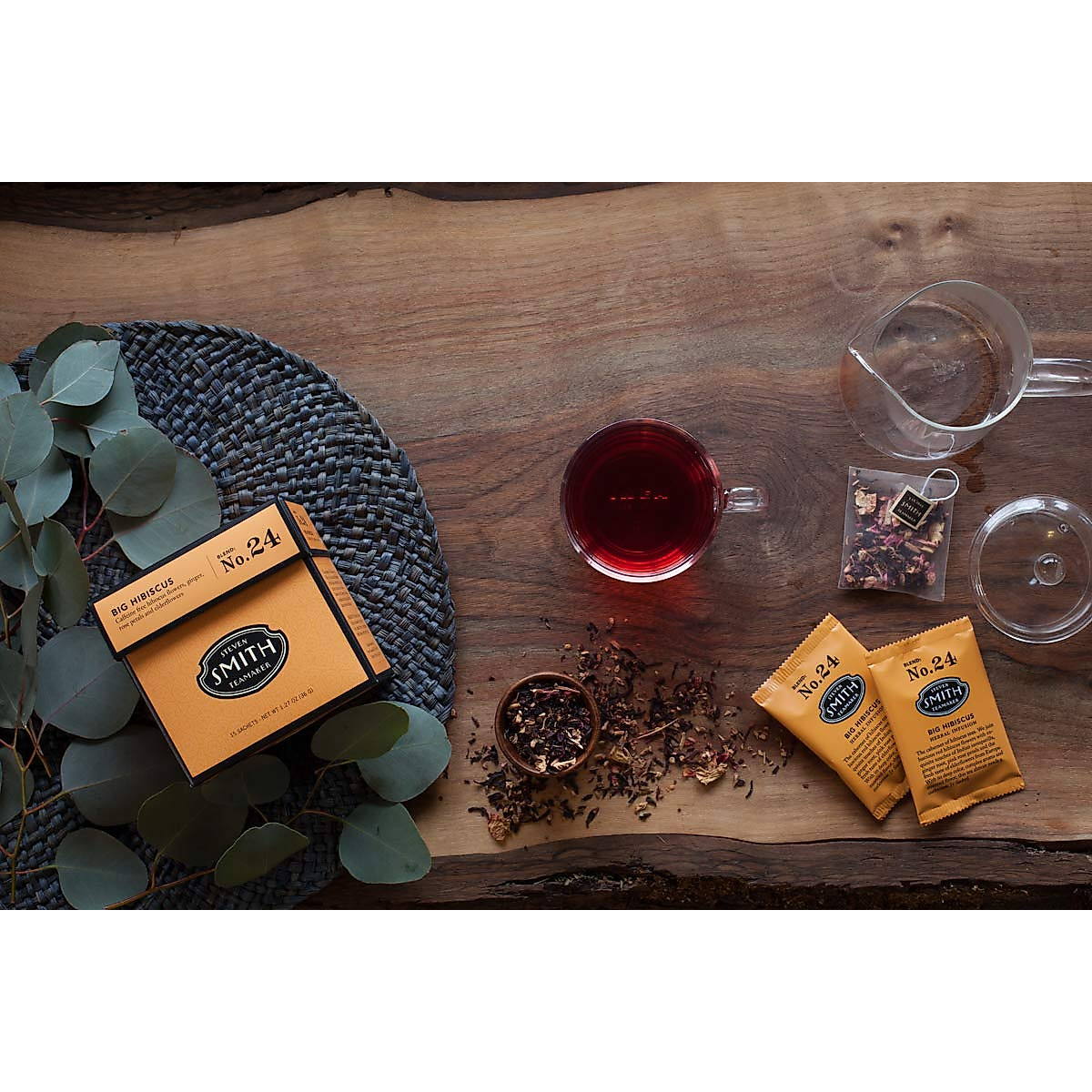 Smith Teamaker | Big Hibiscus No. 24 - Hibiscus, Ginger, Rose Petals & Elderflowers | Sugar-Free, Non-GMO, Plant Based Caffeine-Free Hibiscus Blend (15 Sachets, 1.27oz each)