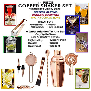 Bartender Kit, Rose Copper Cocktail Shaker set, 11-Piece Set, 24oz Martini Mixer, Muddler, Double Jigger, 2 Liquor Pourers, Mixing Spoon, Ice Tong, Strainer Set, Beer and wine opener with Bamboo Stand