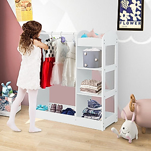 Costzon Kids Dress up Storage with Mirror, Clothes Rack, 3-Tier Shelves, Bottom Tray, Pretend Play Costume Dresser Organizer Center, Open Hanging Armoire Closet for Little Girls (White)